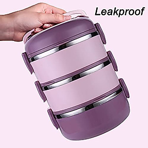 DILUOOU Stackable Lunch Box, 3 Tier Stainless Steel Thermal Lunch Box,Bento Lunch Box for Adult With Lunch Bag & Utensils (Pink)
