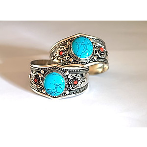 Boho Blue Stabilized Turquoise & Red Coral Adjustable Cuff Bracelet | Unique Jewelry from Nepal