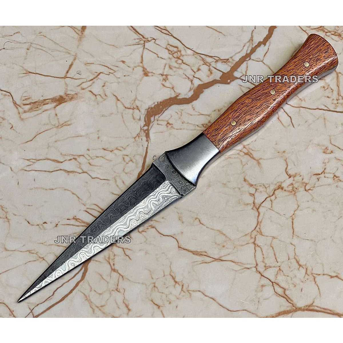 JNR Traders Handmade Damascus Knife Double Edge Arkansas Toothpick Knife Fixed Blade Knives with Leather Sheath 4.5 inch 3656