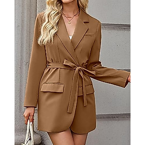 luvamia 2023 Blazers for Women Business Casual Outfits Fashion Dressy Long Suit Jacket Office Belted Blazer Dress Work Womens Blazers for Work Professional Womans Dresses Amber Brown Size 12 Size 14