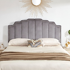 Kingfun Mid Century Headboard for Queen Size Bed, Velvet Upholstered Tufted Bed Headboard with Nailhead Decor, Adjustable Curved Solid Wood Head Board Vertical Channel Design (Medium Grey)