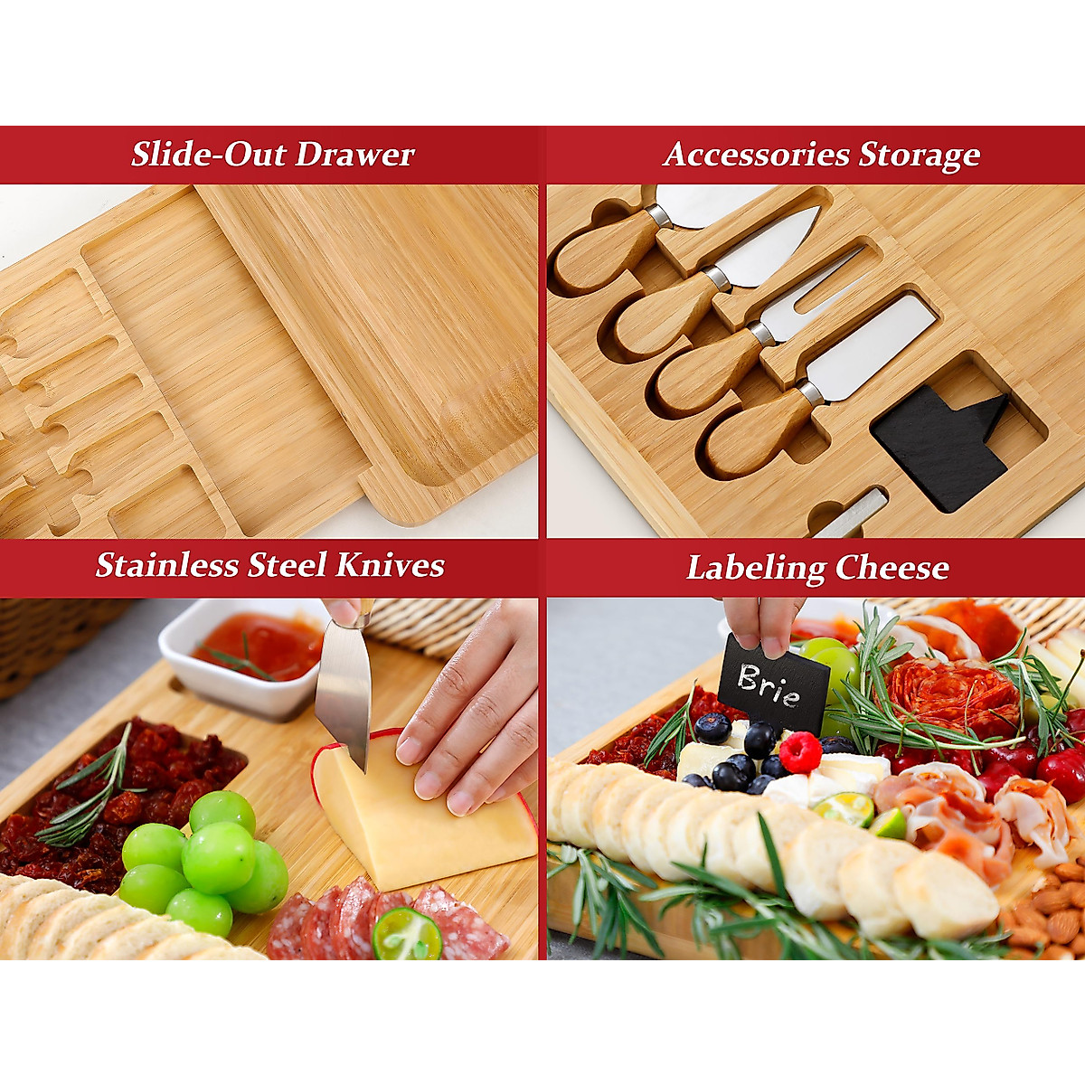Easoger Cheese Board, Large Charcuterie Board Set, Bamboo Serving Platter, 4 Serving Knives and Utensils - House Warming Gifts, Wedding Gifts for Couples, Birthday Gift for Women or Men