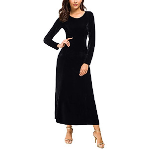 Urban CoCo Women's Elegant Long Sleeve Ruched Velvet Stretchy Long Dress (XL, Black)