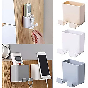 2 Pieces Remote Control Storage Boxes, Wall-Mounted Mobile Phone Holder, ABS Paste Wall-Mounted Organizer Box with Hook for Mobile Phone Charging Stand, Storage Box for Home and Office Use - White