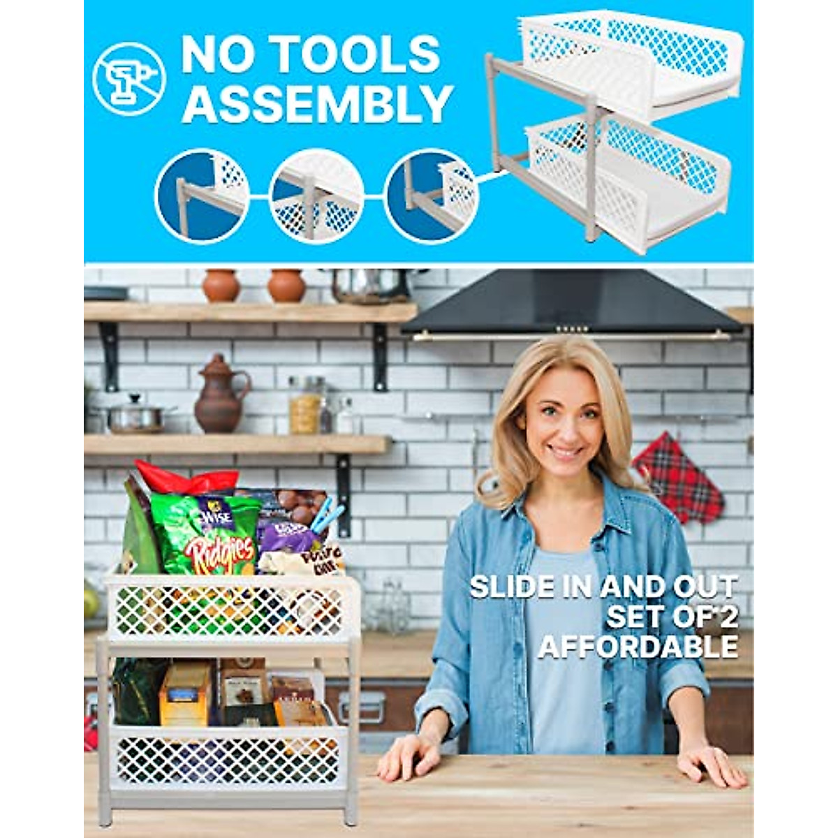 Skywin Plastic Sliding Organizers - 2 Tier Sliding Storage Bins - Pull out cabinet drawers for organizing pantry cabinets (White - 2 Pack)