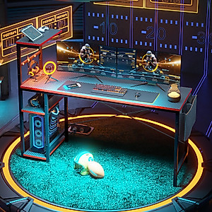 Bestier Gaming Desk with Power Outlets, 61 Inch Large Led Gamer Desk with 4 Tiers Reversible Shelves, PC Gaming Table with Headset Hook & Side Storage Bag for Bedroom (Black 3D Carbon Fiber)