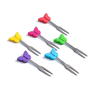 Cocktail Forks, 6-Piece Appetizer Forks, Butterflies, Stainless Steel and Silicone Small Forks for Fruits, Cheese, Appetizers