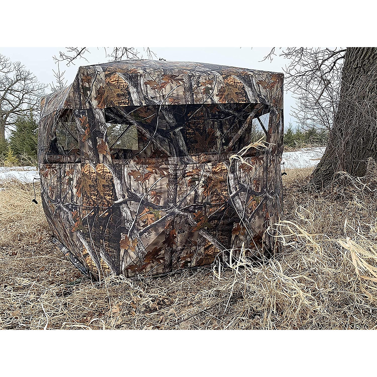 THUNDERBAY Gobbler Lodge 5-Side Hunting Blind, 4 Person Ground Blind for Deer Hunting, 300D Oxford Fabric Deer Blind, JX Hardwood Camo Pattern