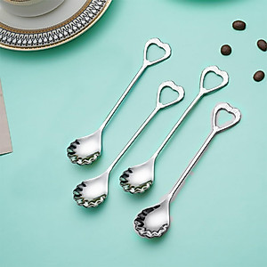 Ouliget Stainless Steel Tableware Dessert Spoons Set, Heart Shaped Straight Shank Coffee Spoons, Mirror Polished Finish Mini Teaspoons, Dishwasher Safe, 4 Pack