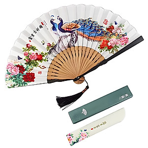 Peacock Pattern Hand Held Silk Folding Fans with Bamboo Ribs, Hand Fan with Fabric Sleeve and Tassel, for Women Girl (Color : Multi-Colored, Size : 9.1")