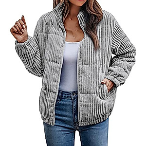 Winter Clothes for Women Plus Size, Coats for Women, Women Fleece Jacket Winter Bomber Long Sleeve Faux Sherpa Fuzzy Casual Zip Up Coat Pocket Gray