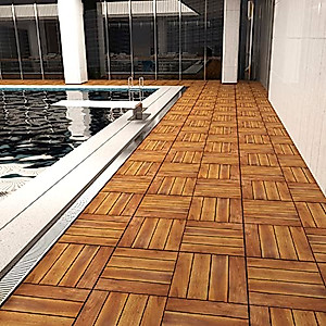 Wood Interlocking Flooring Tiles (Pack of 10, 12" x 12"), Solid Wood Acacia Deck Tiles Interlocking, Patio Tiles Outdoor Interlocking Waterproof All Weather (4 Slat, Natural Color)