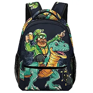 MEIKKO Green Dinosaur Backpack Saint Patrick's Day Leprechaun Large computer Bags with Chest Strap,Lightweight Casual Daypack for Women Men Hiking Travel Work and Business 16 Inch