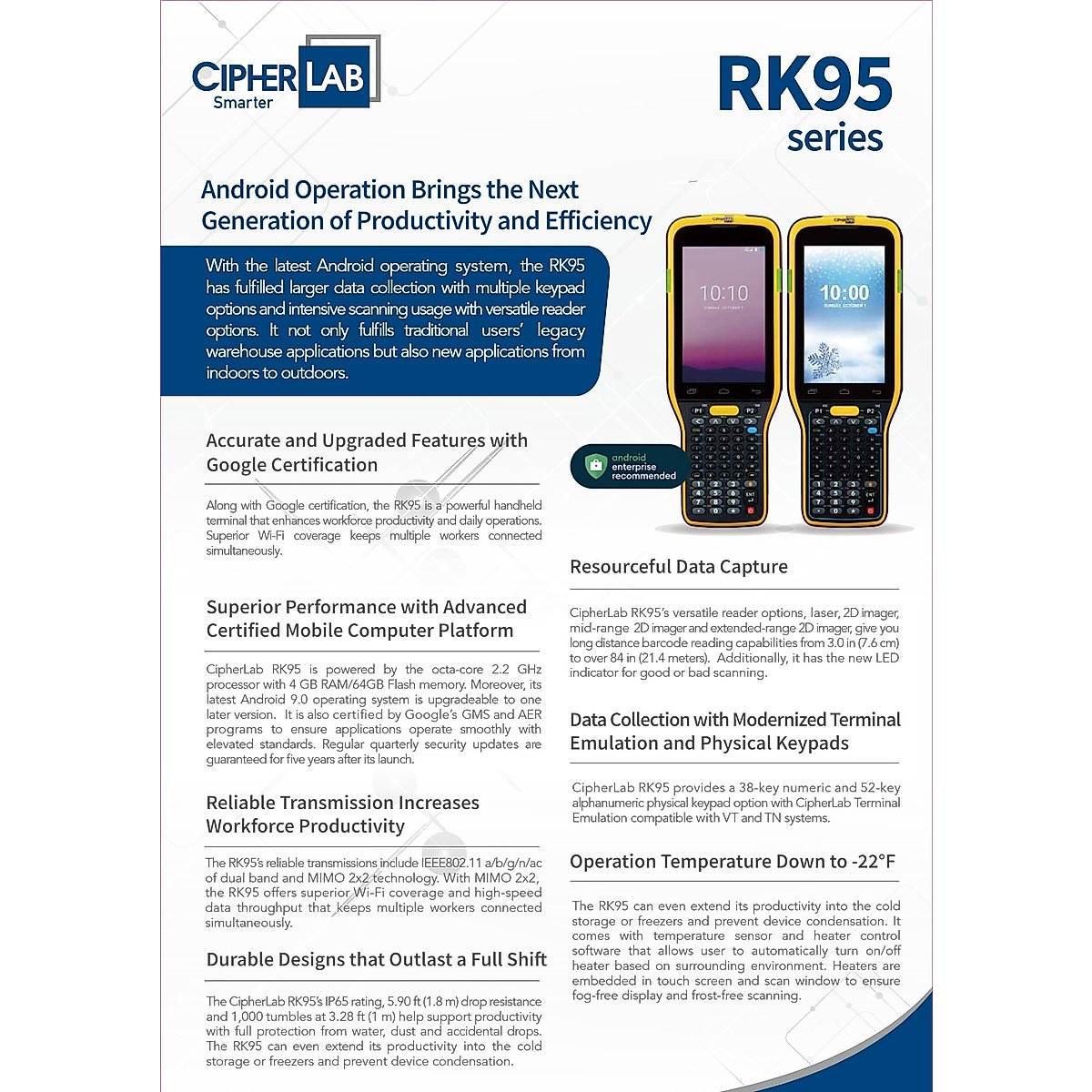 CipherLab RK95 2D Imager/Barcode Scanner/UPC Reader Android 9 Worldwide GMS & AER Certified 802.11 a/b/g/n/ac Bluetooth 5.0 Non-NFC 3,000 mAh Li-ion Battery