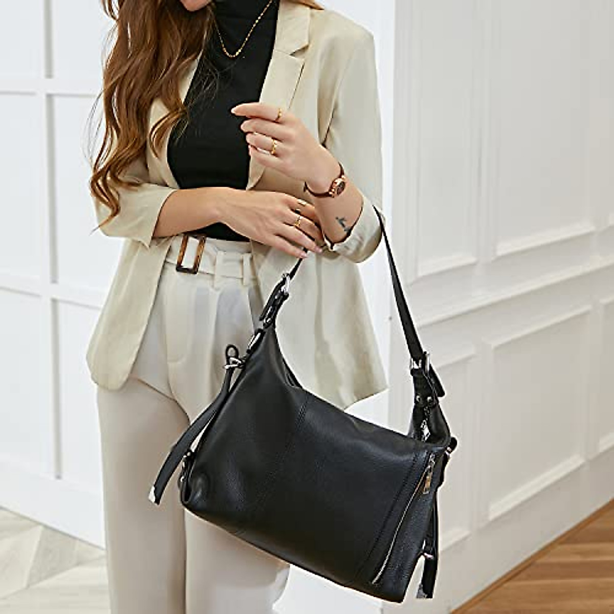 HESHE Vintage Genuine Leather Purses and Handbags for Women and Ladies Shoulder Bag Crossbody Bags (Black)