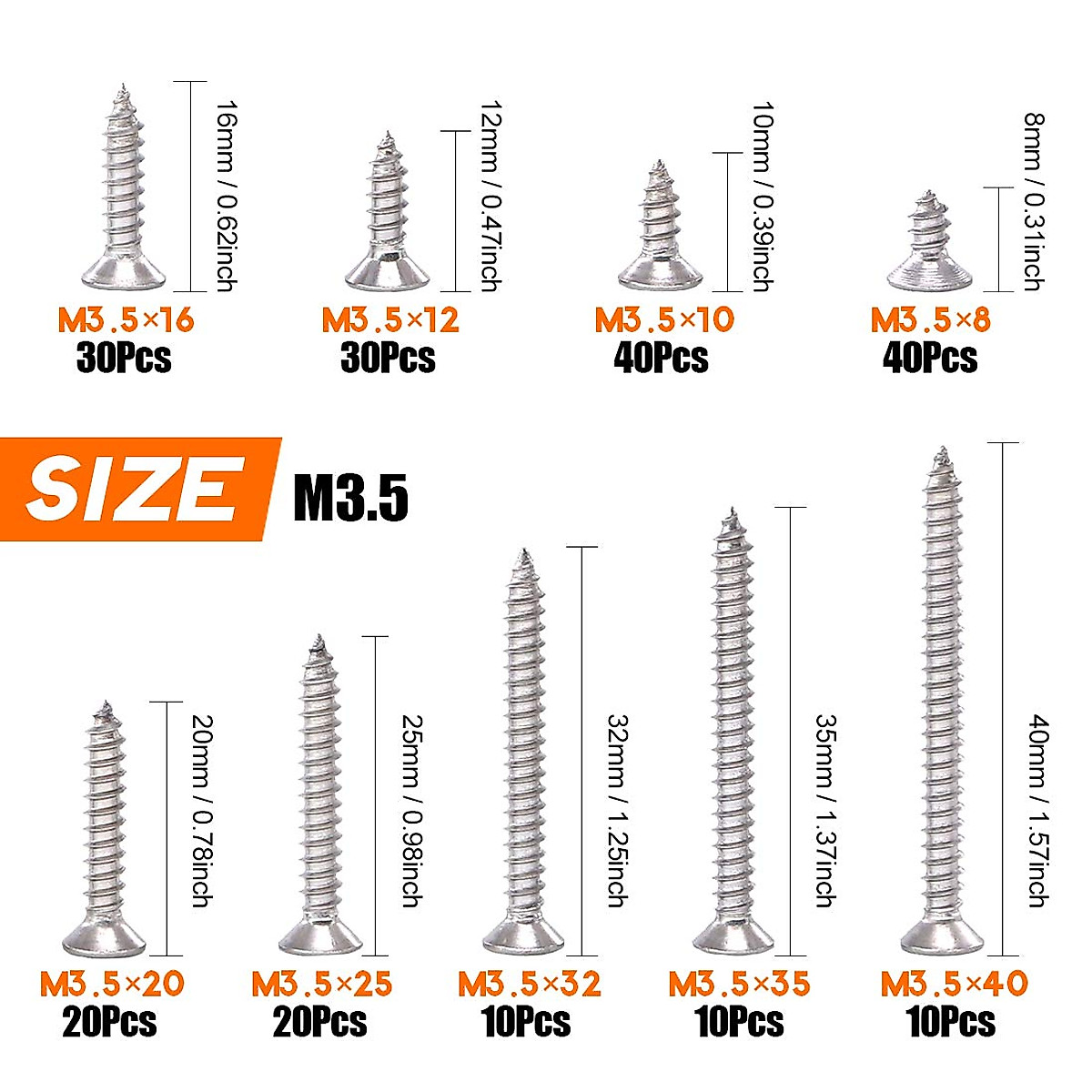 Rustark 210Pcs [#6 5/16'' to 1-1/2''] 304 Stainless Steel Flat Head Phillips Cross Wood Screw Drive Self-Drilling Screws Assortment Kit