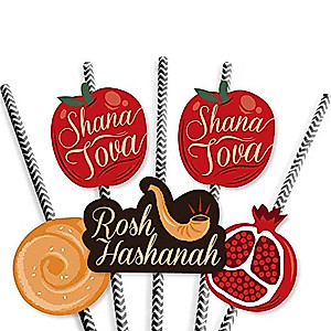 Big Dot of Happiness Rosh Hashanah - Paper Straw Decor - Jewish New Year Striped Decorative Straws - Set of 24