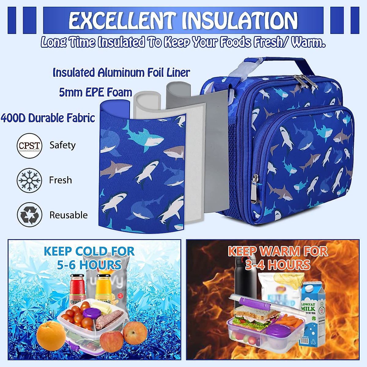 Large Kids Lunch Box, Insulated Lunch Bag for Girls Boys Teens Toddlers Cute School Lunch Tote with Shoulder Strap, VONXURY