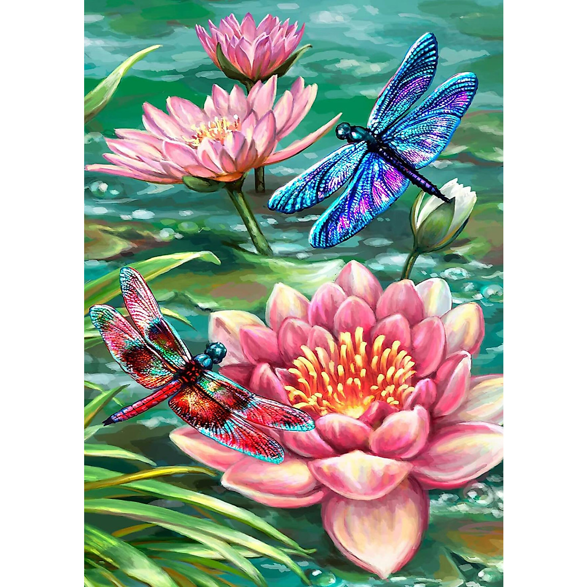 DAICHEL Lotus Diamond Art Painting Kits for Adults - Full Drill Diamond Dots Paintings for Beginners, Dragonfly Round 5D Paint with Diamonds Pictures Gem Art Painting Kits DIY Adult Crafts 12x16inch