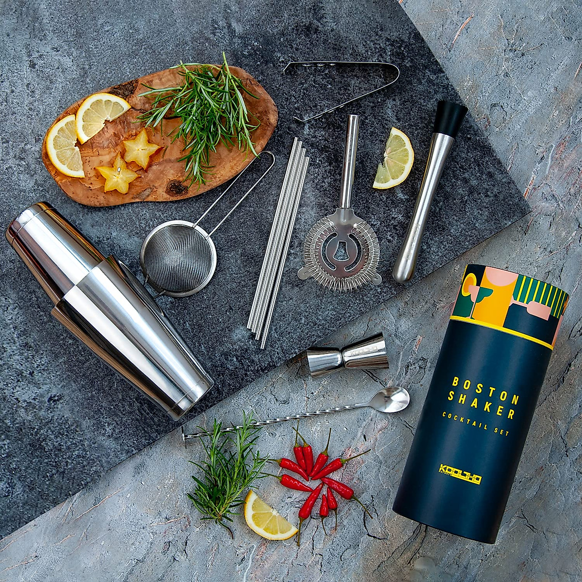 Boston Shaker Set Cocktail Kit, Full Bar Mixer Sets for Professional Bartender, Stainless Steel Drink Shakers Weighted Tin with Strainer Jigger Spoon Muddler Straws, Cocktails Lovers Gifts Women Men