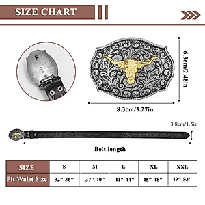 VONMELLI Western Belt Cowboy Belt for Men Women, Embossed Leather Men's Western Waist Belt for Jeans with Longhorn Bull Buckle Black, S