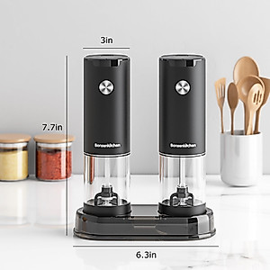 Bonsenkitchen Electric Salt and Pepper Grinder Set, Battery Operated(Not Included),2 Pack Automatic Salt & Pepper Mill Shakers with LED Light, Adjustable Coarseness, Storage Base, 95ml Large Capacity