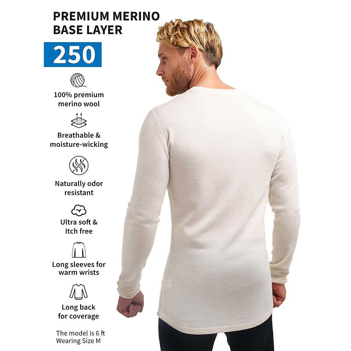 Merino.tech Merino Wool Base Layer - Mens 100% Merino Wool Long Sleeve Thermal Shirts Lite, Midweight, Heavyweight + Socks (Large, 250 Natural Merinos)