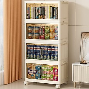 wookon 4Tiers Storage Bins-277Quart Storage Bins with Wheels,Plastic Storage Bins,Beige Closet Organizers and Storage,Magnetic Dual Open Collapsible Storage Bins