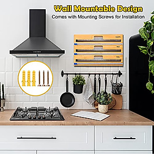 CASAMAY Foil and Plastic Wrap Organizer - Bamboo 3 in 1 Dispenser with Cutter & Labels, Wax Paper, Foil Organization Storage for 12 inch Roll or Less