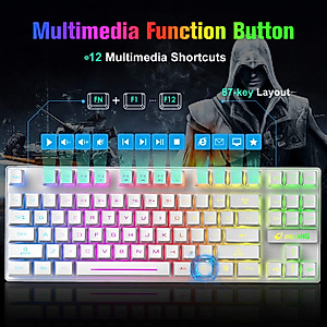 LexonElec Wireless RGB Backlit Gaming Keyboard Mouse Combo,Rechargeable 3800mAh Battery, 87-Key Mechanical Feel Keyboard, Quiet Mouse and Mouse Pad for Gamers and Office Typists(White)