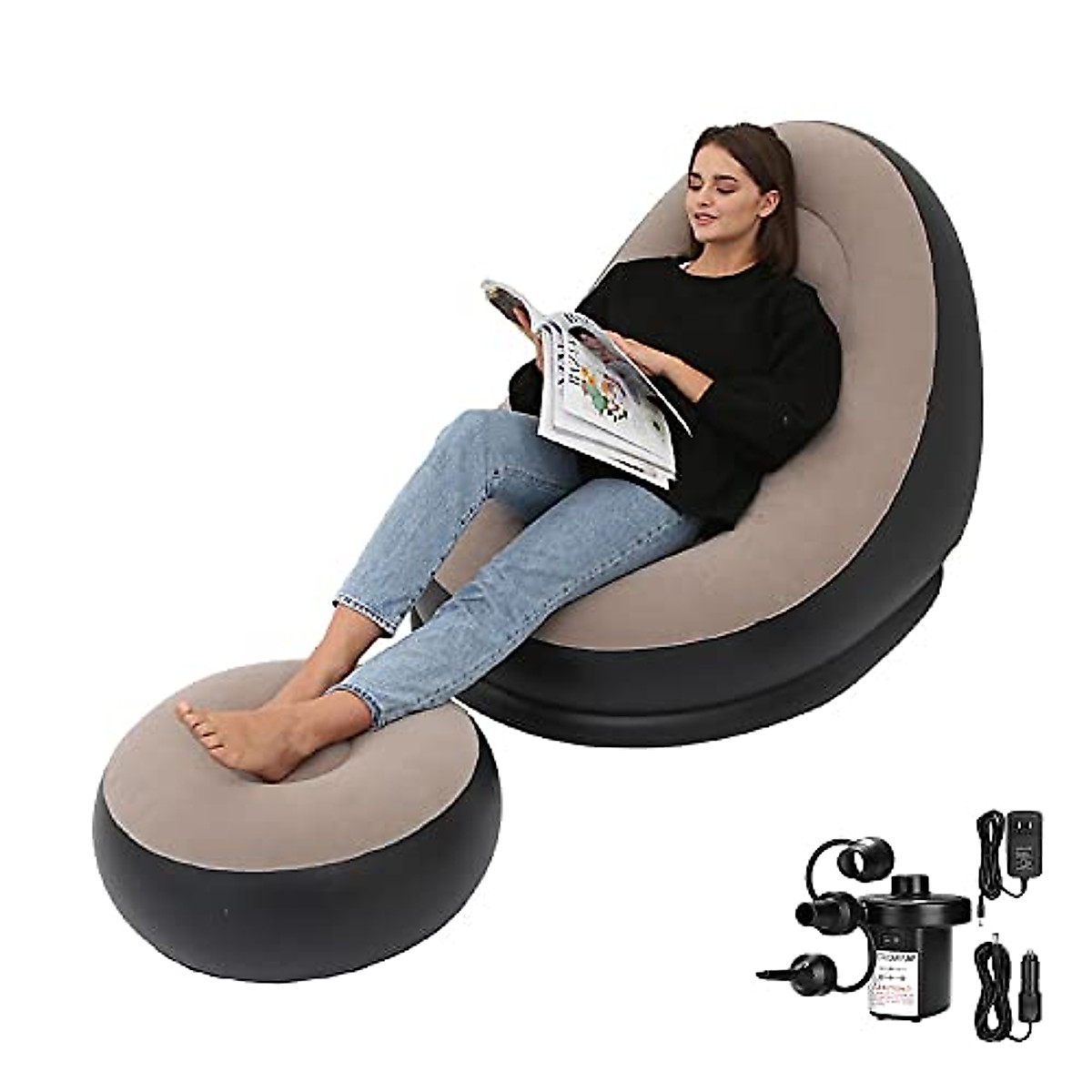 PLKO Inflatable Chair with Household air Pump, air Sofa Inflatable Couch,Inflatable Lounge Chair for Indoor LivingRoom Bedroom ReadingRoom Office Balcony,Outdoor Travel Camping Picnic(Beige and Black)