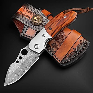 NedFoss Damascus Pocket Knife for men, Handmade Forged VG10 Damascus Steel Blade Pocket Knife with Wooden Handle, Pocket Clip, Liner Lock, Excellent Gifts for Men