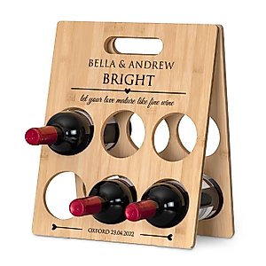 Maverton Personalized Wine Rack for Pair - Wine Holder with Overprint - Wooden Table Stand for Wedding - 6 Wine Bottles Organizer for Couple - for Anniversary - for Christmas - Love