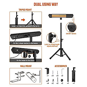 SIEANE Outdoor Patio Heater Electric Carbon Infrared Wall Mounted/Ceiling/Tripod 1500W Adjustable Temperature Instant Warm Heater with Remote Control IP65 Waterproof Heater for Garage Backyard