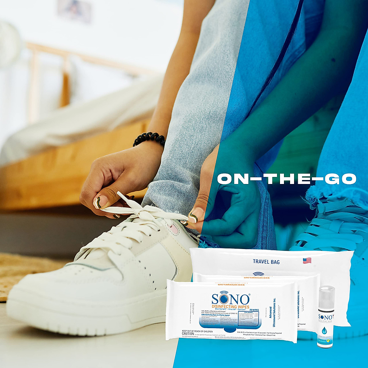 SONO Multi-Surface Disinfecting Wipes - Shoe Cleaner & Sanitizer Kit | Quick Clean and Stain Removal Power | Sneaker Cleansing Travel Pack | 2 Pack of 20 Wipes + 1 Pack of Hand Sanitizing Wipes
