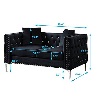 Melpomene Tufted Sectional 59.4''W 2 Seat Tuxedo Velvet Loveseat Couch Bilateral Crystal Button-Tufted Accent with Chrome Metal Legs, Modern Contemporary Chesterfield (Black, 2 Seat)