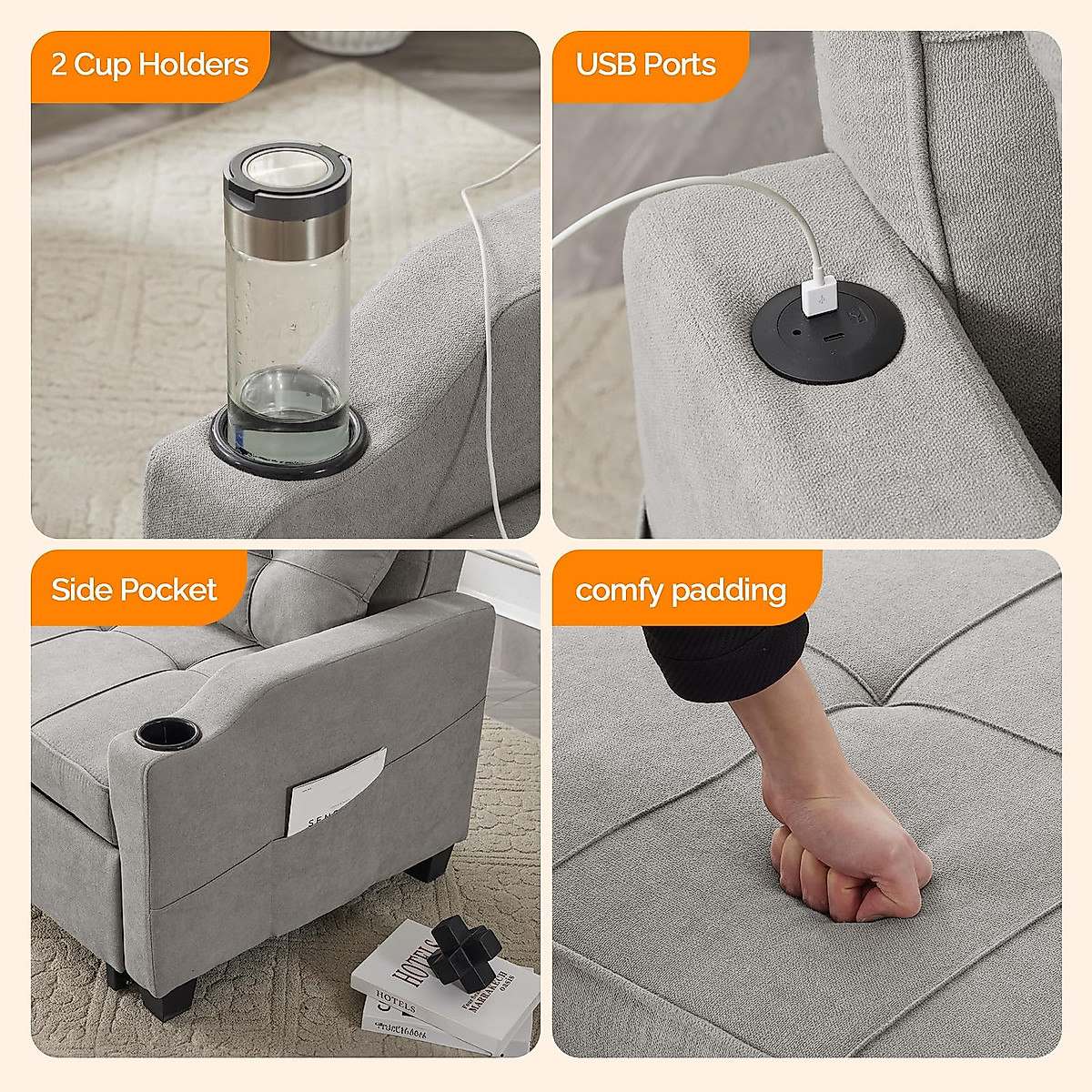 VINGLI Convertible Sleeper Chair 3-in-1 Sofa Bed Light Gray, Pull Out Couch Sleeper Sofa Recliner with USB Ports, Cup Holders, Side Pockets for Small Space Living Room, Bedroom