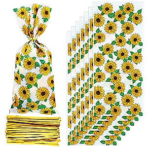 100 Pieces Sunflower Cellophane Bags Sunflower Party Reception Bags Sunflower Party Treat Candy Bags Sunflower Plastic Goodie Storage Bags with 150 Pieces Gold Twist Ties for Party Favors