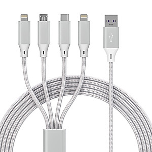 Multi Charging Cable,4 in 1 Nylon Braided [MFi Certified] USB Fast Charging Cords,2M/6FT Multiple Charger Cable with Lightning/Type C/Micro USB Connectors for iPhone Android Huawei Tablets(White)