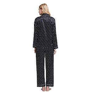 Women's Classic Satin Pajama Set Sleepwear Loungewear (Black and White Polka Dot, Large)