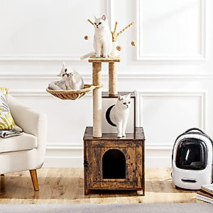 HOOBRO Cat Tree with Litter Box Enclosure, Wooden Cat Tower with Cat Hammock Condo, All-in-One Cat Furniture for Indoor Cats, Cat Litter Box Furniture Hidden, Versatile Cat Tree, Rustic Brown FG13MZ03