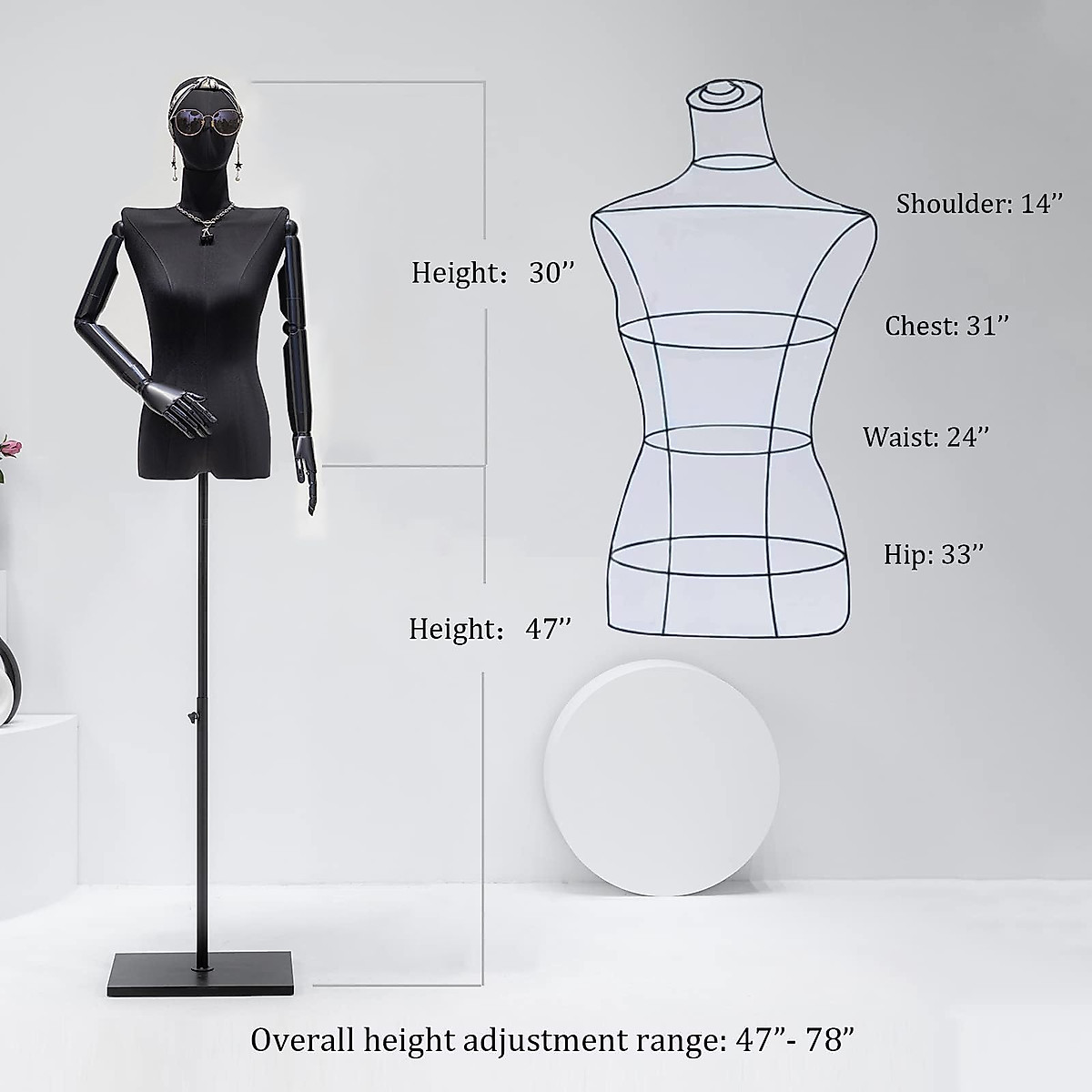 Female Dress Form Mannequin Torso, Adjustable Height 47-78 inch, Manikin Body Model with Rectangle Metal Base, Detachable Arms & Head, for Clothing Dress Jewelry Display Sewing