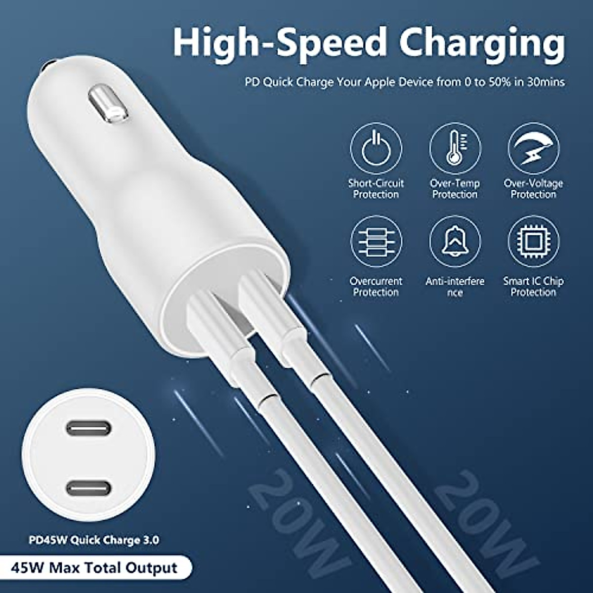 45W Car Charger, Multi Port USB C Cigarette Lighter Splitter with 2 Pack 6 ft Lightning Cable Cord, Dual Outlet Automobile Adapter Plug Fast Charging for iPhone 14 13 12 11 X XS XR (Plus Pro Max) iPad