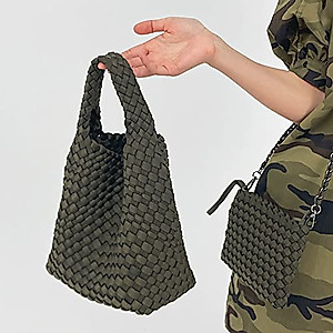 Fashion Bucket Satchel Women Neoprene Hand-Woven Tote Hobo Handbags Adjustable Shoulder Top-handle Bag with Purse for Women (Military green)
