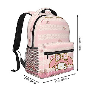 RODES Pink Bow My Bunny Melody Backpack My Bunny Melody Polyester Waterproof Bag Lightweight Travel Camping Backpack Women Daily Handbag Large Capacity Daypack With Keychain