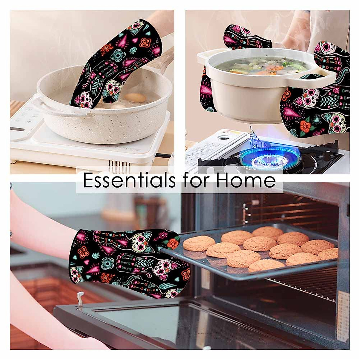 Samgula Day of The Dead Oven Mitts and Pot Holders Sets Cats Skeleton Bright Hearts Flowers Heat Resistant 3pcs for Cooking Baking BBQ