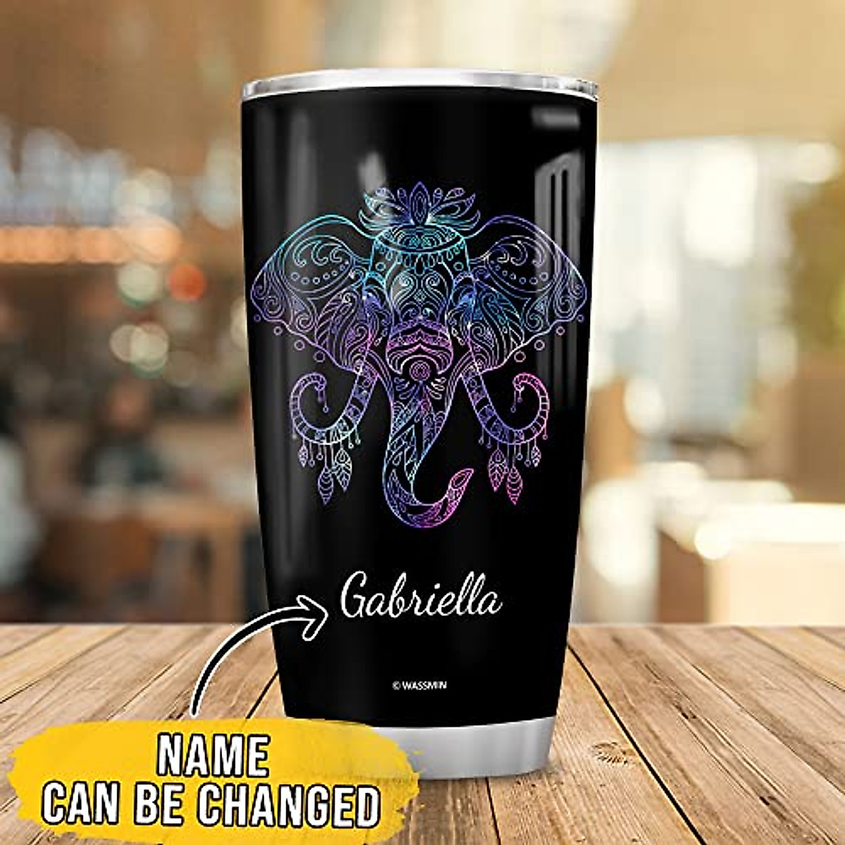Wassmin Personalized Elephant Tumbler Cup With Lid 20oz 30oz Mandala Elephants Stainless Steel Double Wall Vacuum Insulated Tumblers Coffee Travel Mug Custom Name Birthday Christmas Gifts Men Women