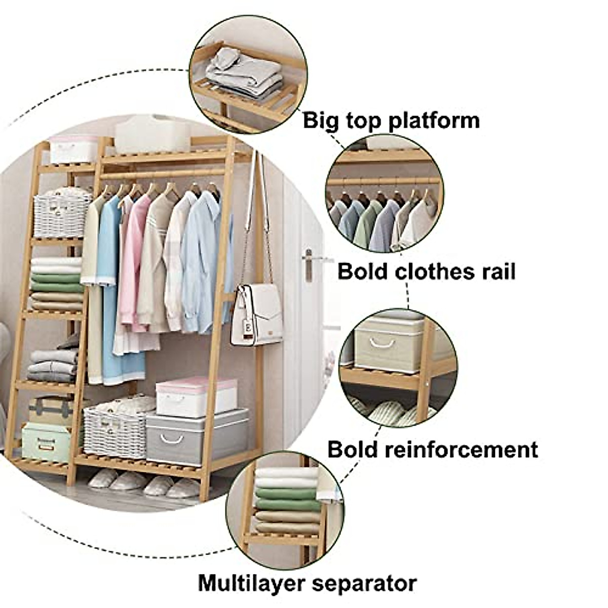 ZJDU Bamboo Garment Coat Clothes Hanging Rack,with Top Shelf and Shoe Clothing Storage Organizer Shelves, for Home Office Hallway Bedroom,110×42×140cm