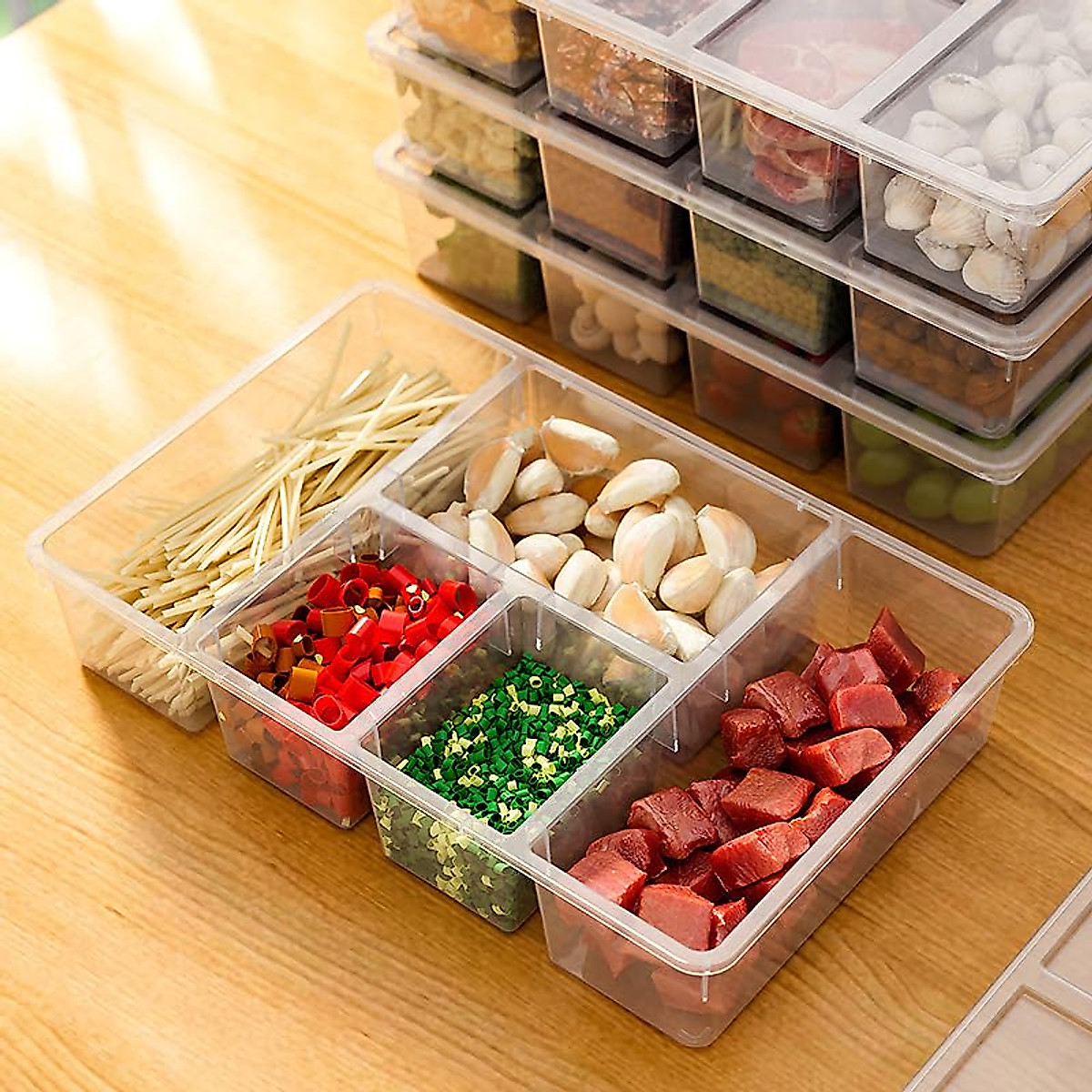 Haawooky 2 Pack Divided Veggie Tray with Lid,5 Compartment Serving Tray with Dividers,Plastic Food Storage Containers for Travel Fruit,Vegetable,Salad