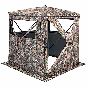 HAPPYGRILL Hunting Ground Blind for 2-3 Person, 270° See Through Hunting Blind with Storage Bag, Panoramic Window, Silent Window Slide, Portable Pop Up Blind Hunting Tent